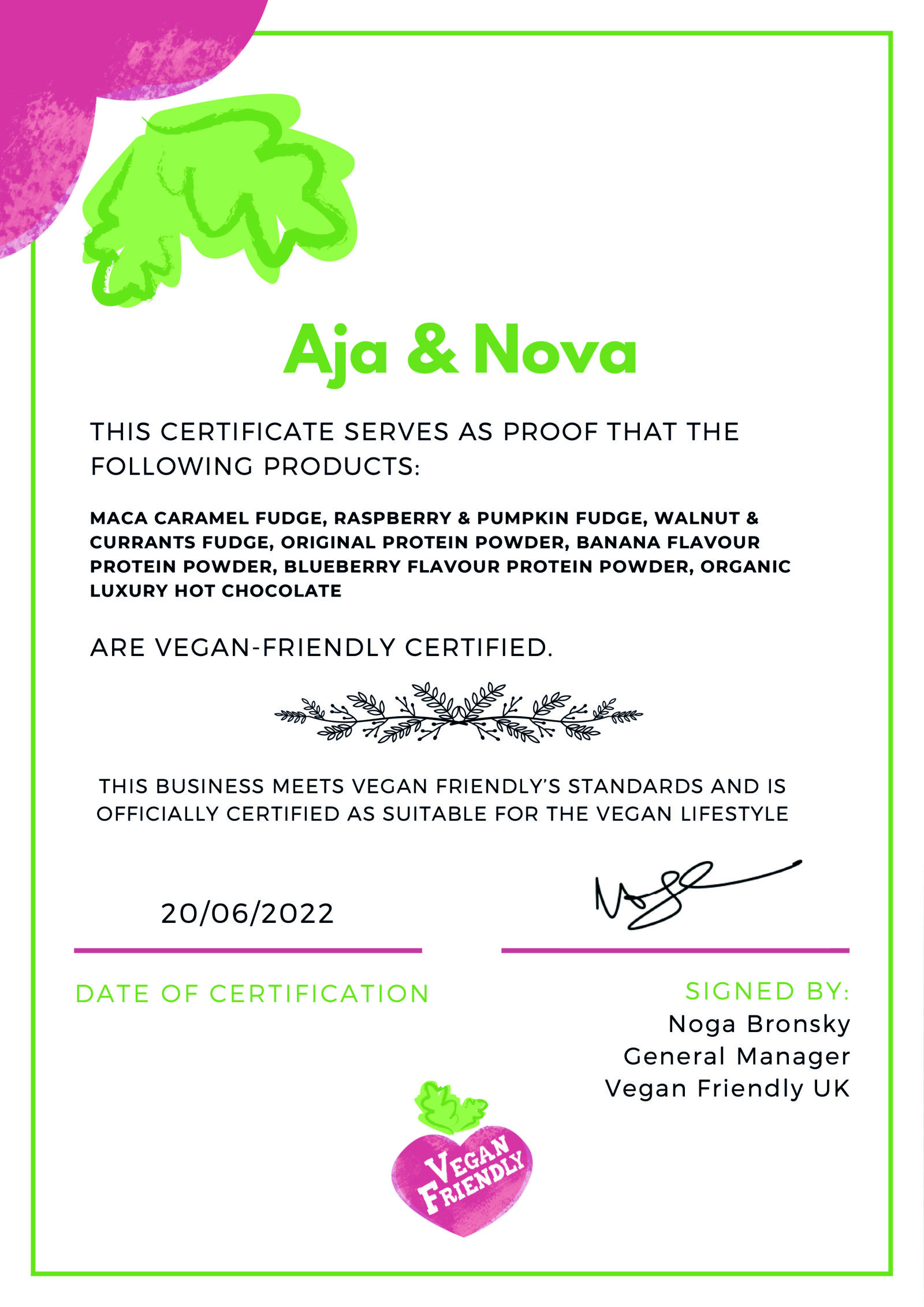 Vegan Friendly Certificate - Aja Nova Organic